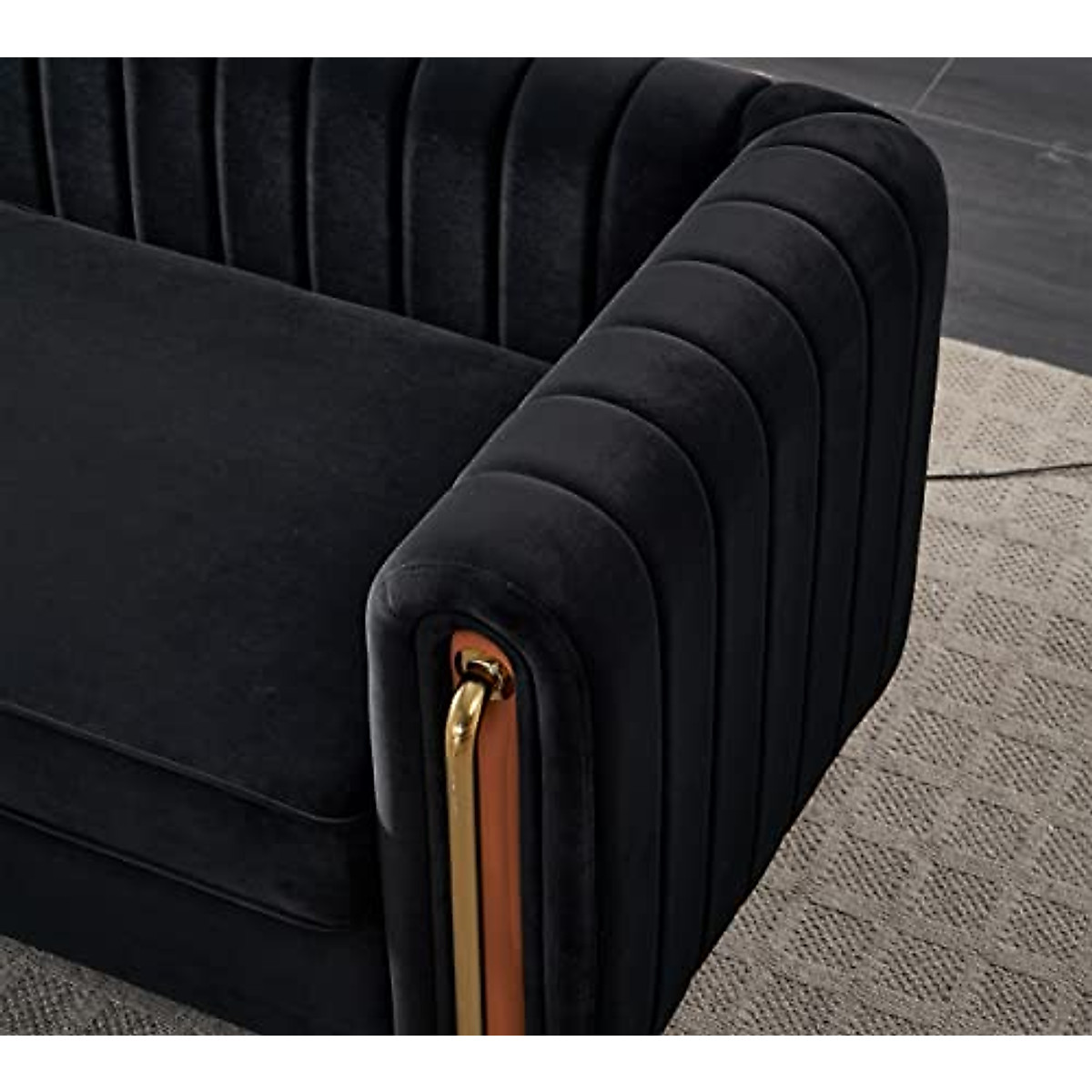 Melpomene Vertical Channel Tufted Velvet Sofa with Round Arm and Gold Metal Legs,Armrest 84.25" W（Black）