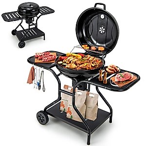 Giantex Kettle Charcoal Grill 22-Inch, Porcelain Enamel Body and Lid, 2 Side Tables with 4 Hooks, Storage Shelf, Upgraded Ash Catcher, Thermometer, Air Vents, Outdoor Cooking Barbecue Grill