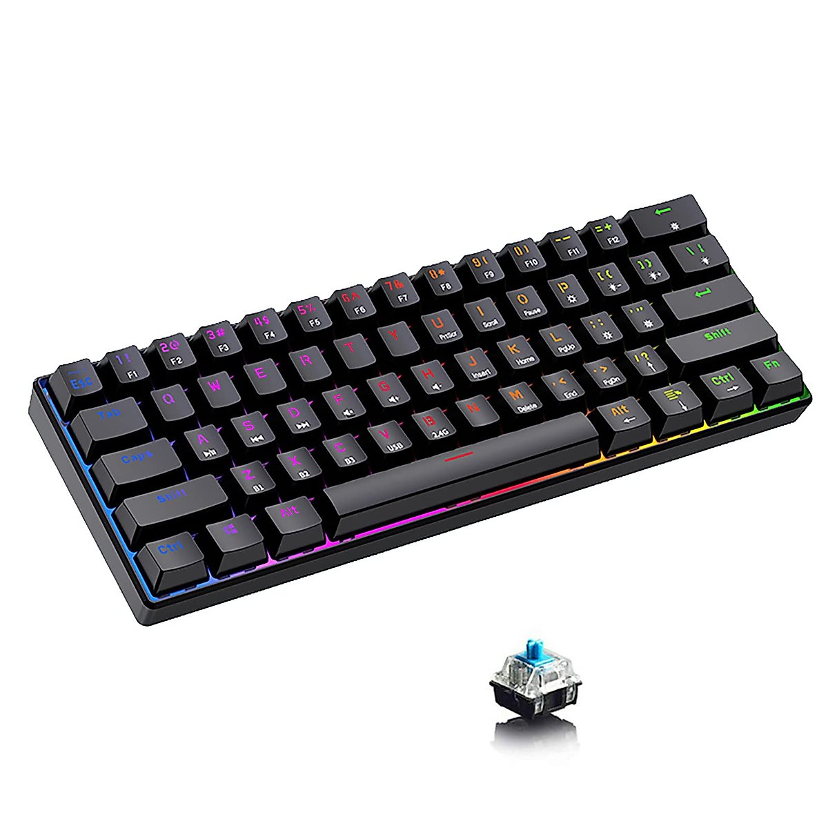 Ajazz G1000 USB Wired/2.4G/Bluetooth 3-Modes Wireless Mechanical Keyboard, Compact 61 Keys, Adjustable RGB Backlight, iOS/Android/Mac/Windows Compatible (Black, Blue Switch)