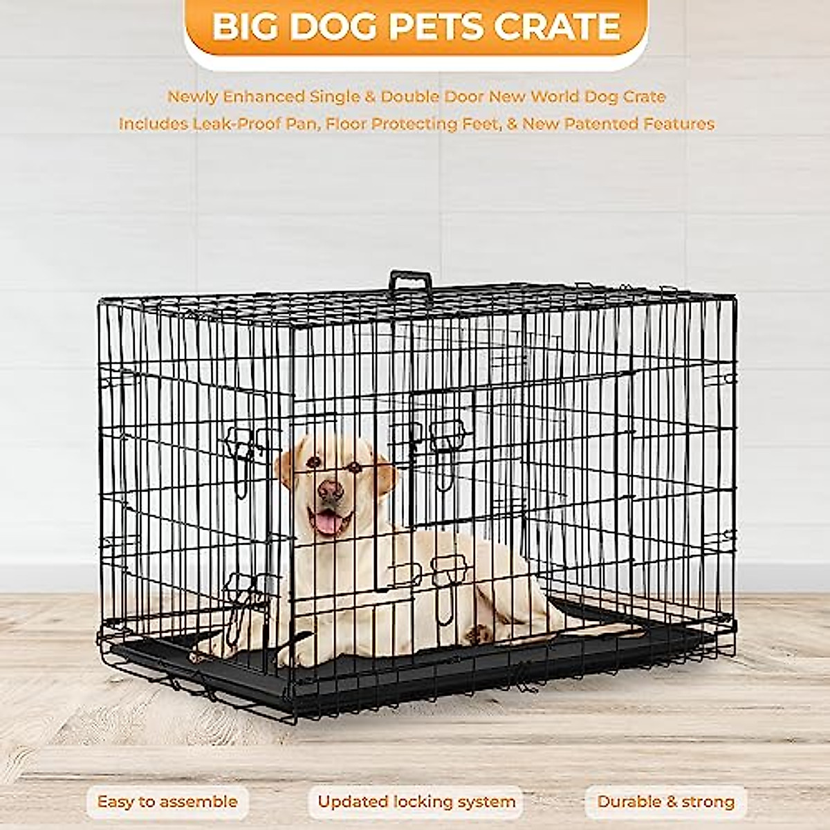 PayLessHere Large Dog Crate Kennel for Medium Large Dogs Metal Dog Cage Double-Door Folding Travel Indoor Outdoor Puppy Playpen with Divider and Handle Plastic Tray (42 Inch, Black)