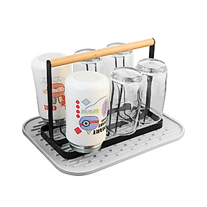 Mukkuri Cup Drying Rack Stand,Beer Glasses Rack 6 Cup Metal Drainer Holder Rack Non-Slip Mugs Cups Organizer with Wood Handle, Black