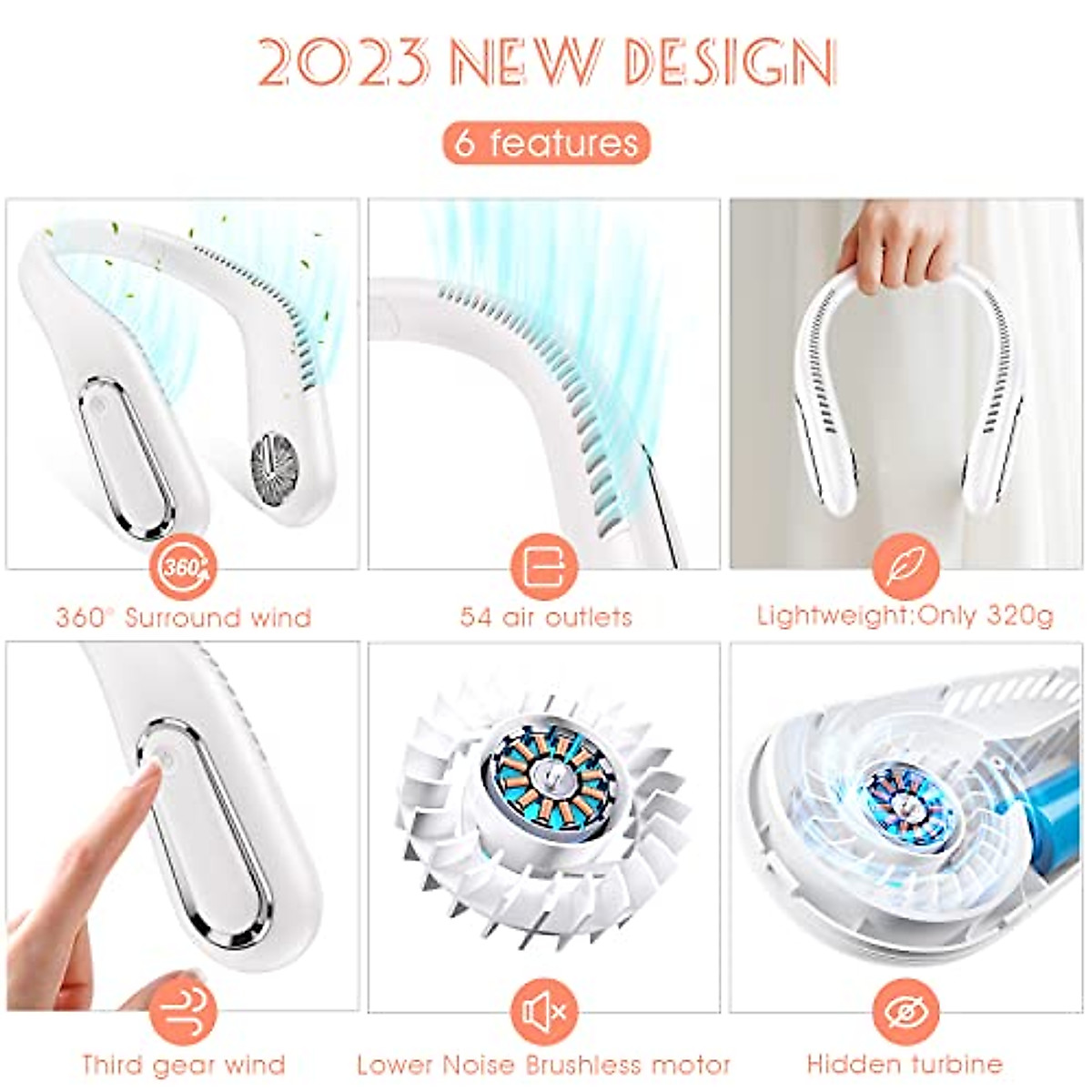 MATEPROX Portable Neck Fan, 4000mAh Battery Operated Bladeless Cooling Fan, 2023 New Wearable Personal Hands Free Fans with 360° Twist 3 Speeds and USB Rechargeable for Indoor, Outdoor, Sports-White