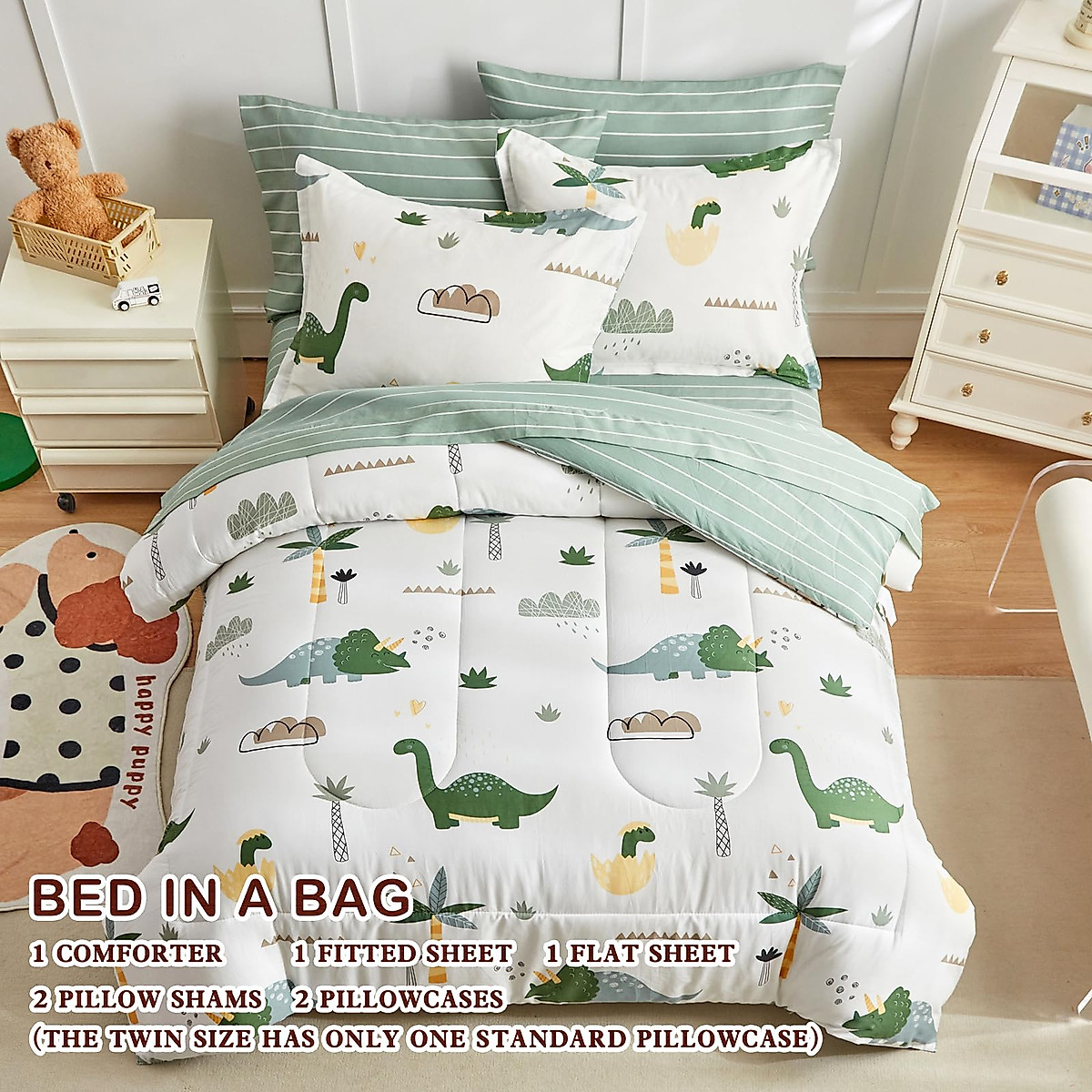 Joyreap Bed in a Bag Cotton, Dinosaur Theme Fresh Green, Twin Size 6-Piece Cotton Bedding Comforter Set for Kids Boys n Girls- 1 Comforter, 2 Pillow Shams, 1 Flat Sheet, 1 Fitted Sheet, 1 Pillowcase