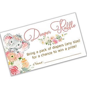 Elephant Boho Floral - Baby Shower Floral Diaper Raffle Tickets (50 Count) | Girl Baby Shower Game | Pink Elephant Flowers Diaper Raffle Tickets for Baby Shower | Fun Baby Shower Activities