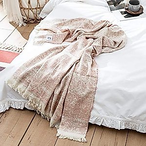 Cotton Fringed and Striped Throw Blanket for Bed, Couch,Knit Woven with Tassels Soft Lightweight Cozy Blanket Scarf Shawl Farmhouse Decoration for All-Season (Pink)