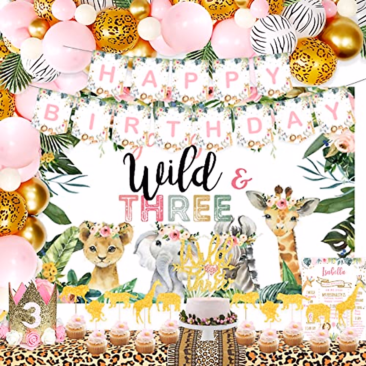 Young Wild and Three Decorations Girls, Party Inspo Safari Birthday 3rd Girl, Boho Floral Jungle Theme Third, Supplies Kit, Banner Backdrop Cake Toppers Balloon Arch Poster Crown, Pink