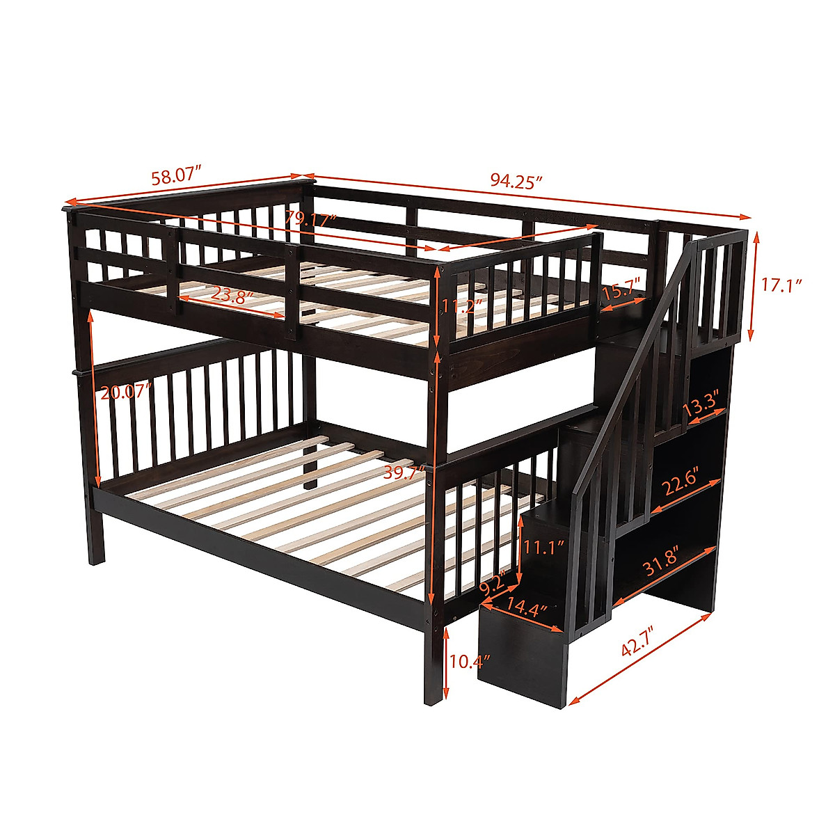 Harper & Bright Designs Full Over Full Bunk Bed with Stairs, Solid Wood Bunk Bed with Storage and Guardrail for Kids Teens Adults (Espresso)