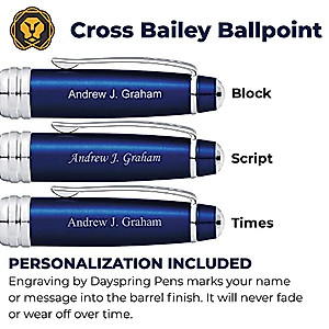 Dayspring Pens Personalized Cross Pen | Engraved Cross Bailey Blue Lacquer Ballpoint Gift Pen - Chrome Trim AT0452-12. Custom Engraving Included.