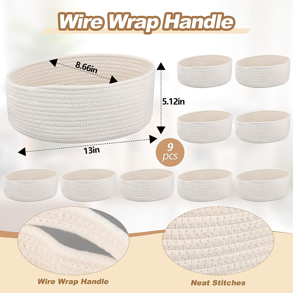 Dandat 9 Pcs Cotton Rope Woven Basket 13 x 9 x 5'' Oval Cute Basket with Handles Rope Organizing Baskets Shelf Baskets Closet Storage Bins for Living Room Playroom Baby Room Bedroom (White)