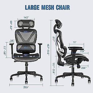 GABRYLLY Office Chair, Large Ergonomic Desk Chairs, High Back Computer Chair with Lumbar Support, 3D Armrest, Breathable Mesh, Adjustable Headrest, with Tilt Function, (Grey)29.5D x 40.9W x 51.2H Inch