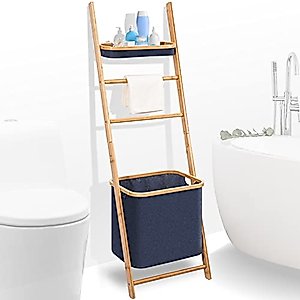 SerenelifeHome Wooden Bath Towel Ladder Rack with Drying Bar Storage Holder and Hamper Basket - Wall Leaning Decorative Blanket Throw Hanger Stand for Bathroom Floor Standing Modern Room Organizer