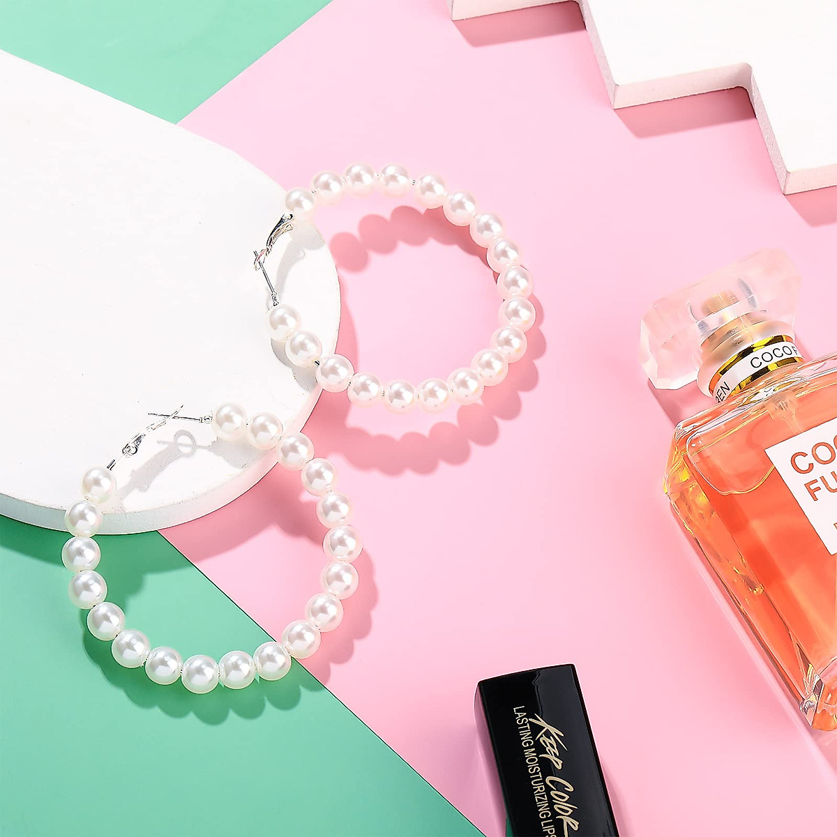 1950s Pearl Hoop Earrings White Pearl Earrings Drop Dangle Earrings for Women Bridal Presents (Silver Earpins,2.16 Inch)