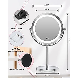Gospire 1x/10x Magnifying Lighted Makeup Mirror Double Sided Round Standing 360 Degree Swivel Vanity Mirror for Shaving Bathroom Battery Operated 7 Inch Diameter (Silver-Button Switch)