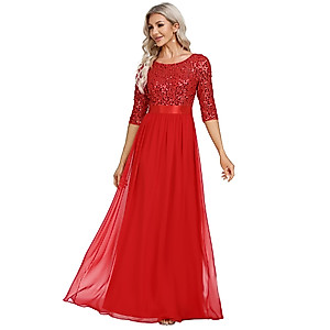 Ever-Pretty Women's Elegant A Line Crew Neck Half Sleeve Sequin Maxi Evening Dress Red US18