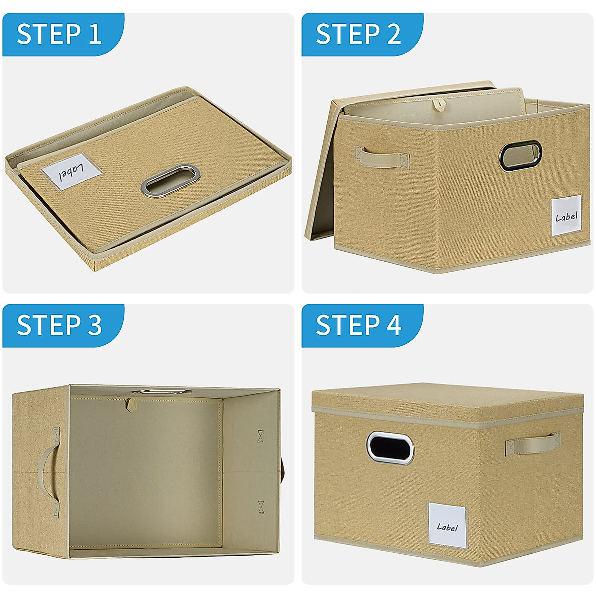 LHZK Large Storage Bins with Lids 6 Pack, Foldable Linen Fabric Storage Boxes with Lids, Sturdy Fabric Storage Bins with Label & 3 Handles for Shelves Bedroom Home Office (Beige, Large)