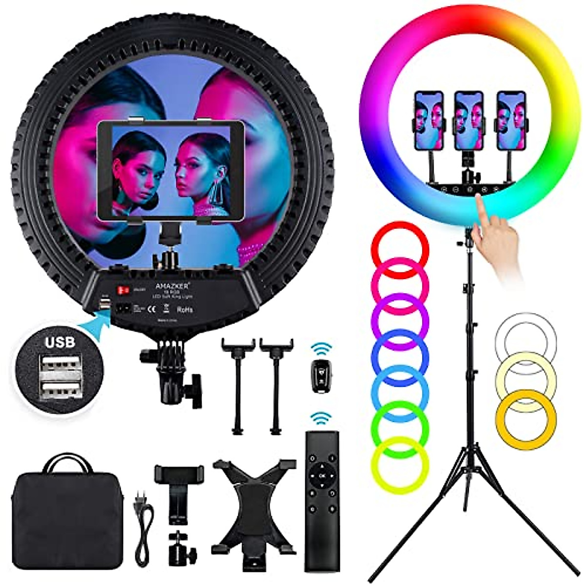 18 inch RGB Ring Light Kit AMAZKER LED with Stand and Phone iPad Holder 25 Color Modes 3000-6000K Dimmable 10 Brightness Level Up to 5000 Lux Circle Light for Live Stream/Makeup/YouTube/Vlog/Tiktok