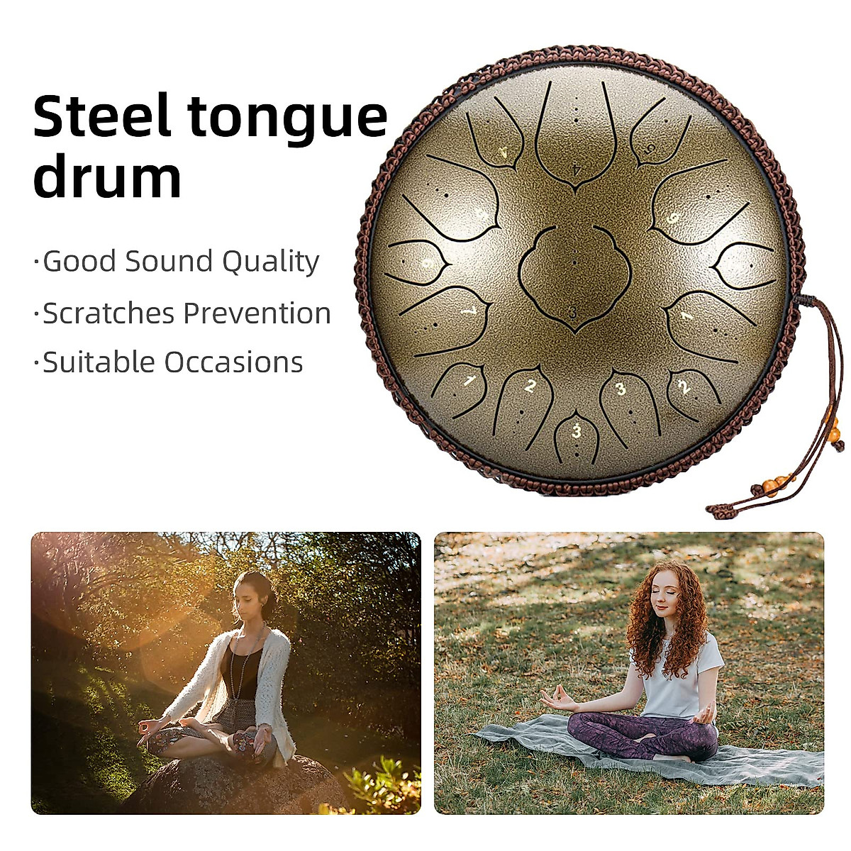 Steel Tongue Drum,Premium 14 Inch 15 Notes D Minor Hand Steel Drum,Adult's Steel Drum instrument,Clean Clear Ethereal Sounds,Oil Brown