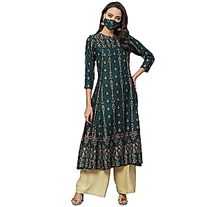Yash Gallery Women's Plus Size Rayon Floral Print Anarkali Kurta (Dark Green)