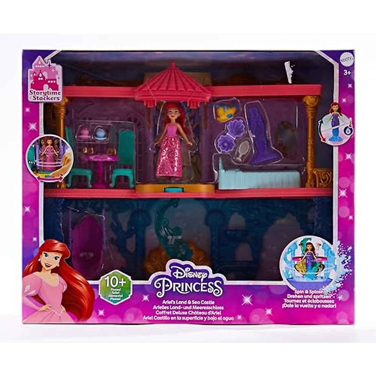 Mattel Disney Princess The Little Mermaid Toys, Ariel Doll House Stackable Castle with Land & Sea Levels, Small Doll, 1 Friend, 12 Pieces, Pool