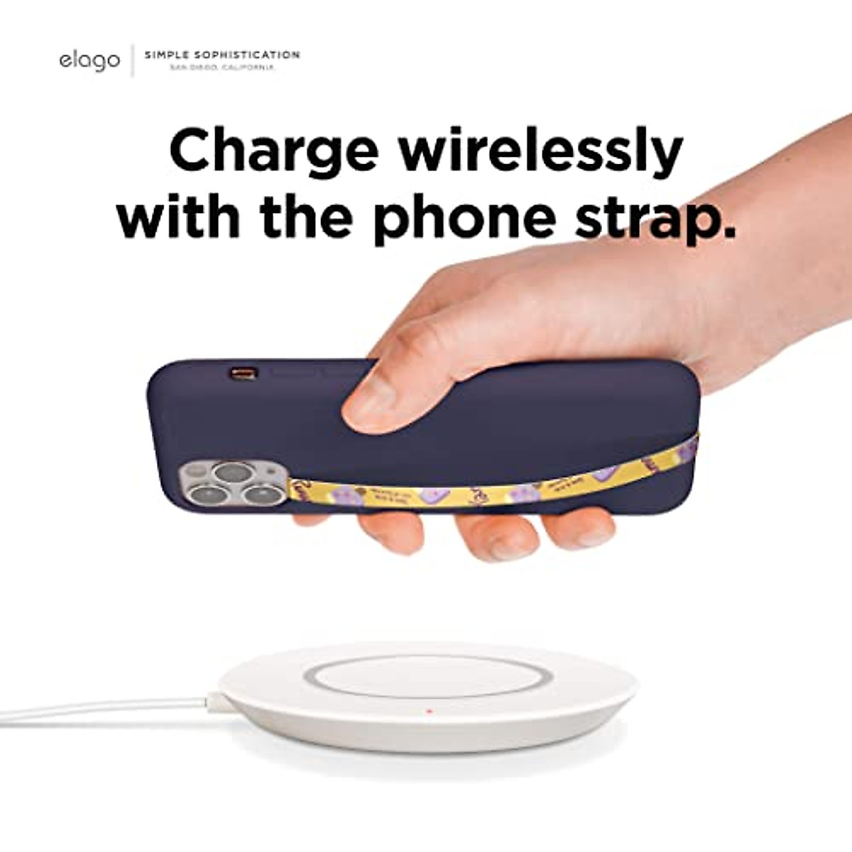 elago Phone Strap with Stickers, Phone Grip, Phone Loop Compatible with All Smartphone Case, Double Sided Design, Stickers Included, Compatible with Magsafe [Yellow Strap & Blueberry Ice Cream]