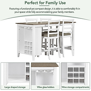 5-Piece Rustic Dining Table Set, Rubber Wood Counter Height Table with 4 Padded Chairs and Integrated 9 Bar Wine Compartment, Wineglass Holdersc for Dining Room Kitchen (Brown + White Wash-04)