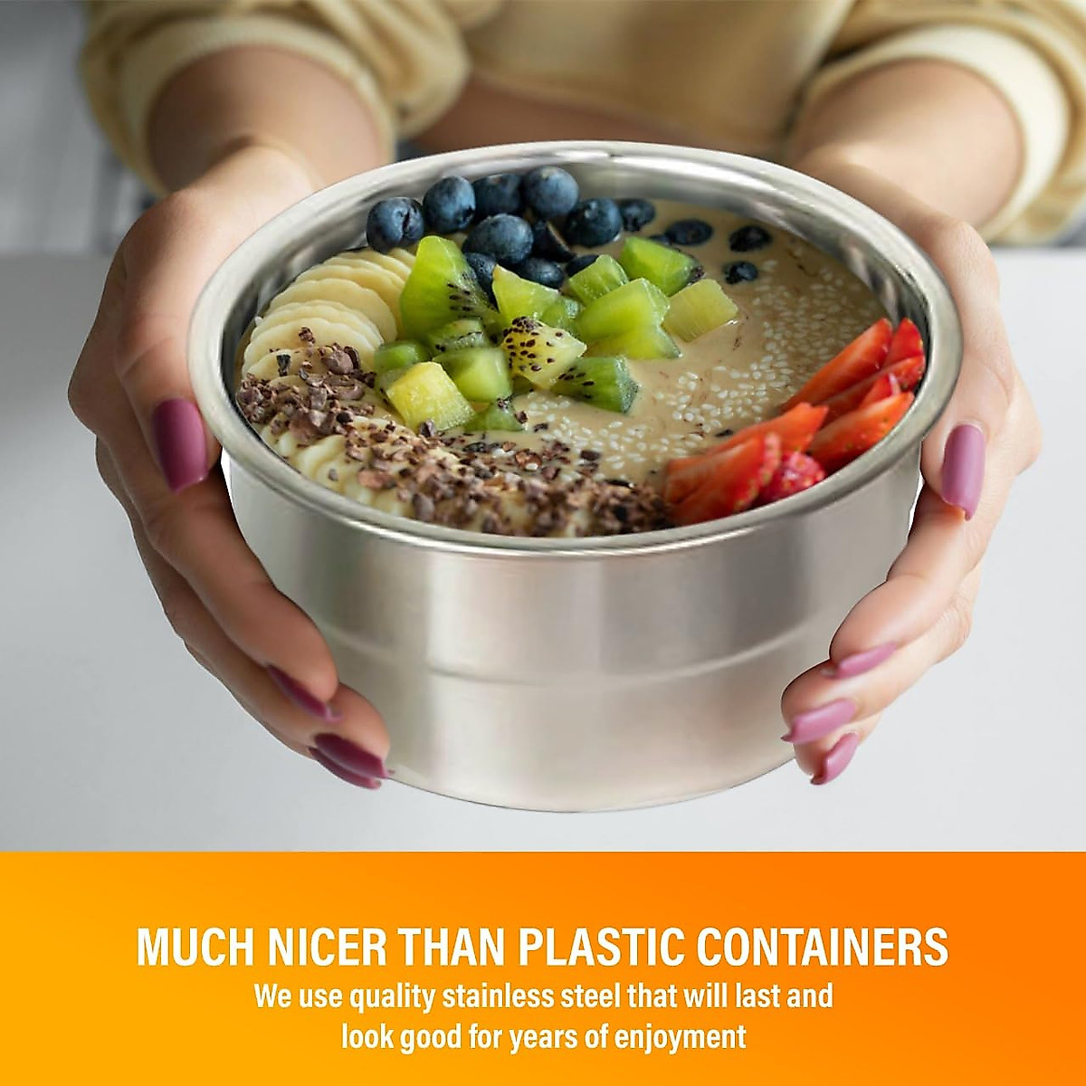 Anas 4-Pack of Round Food Containers - Stainless Steel, Locking Silicone Lids, Compact Stackable, Leak Proof, Dishwasher Safe. Great for Snacks, Lunch, Work, School, Travel, Bento Box