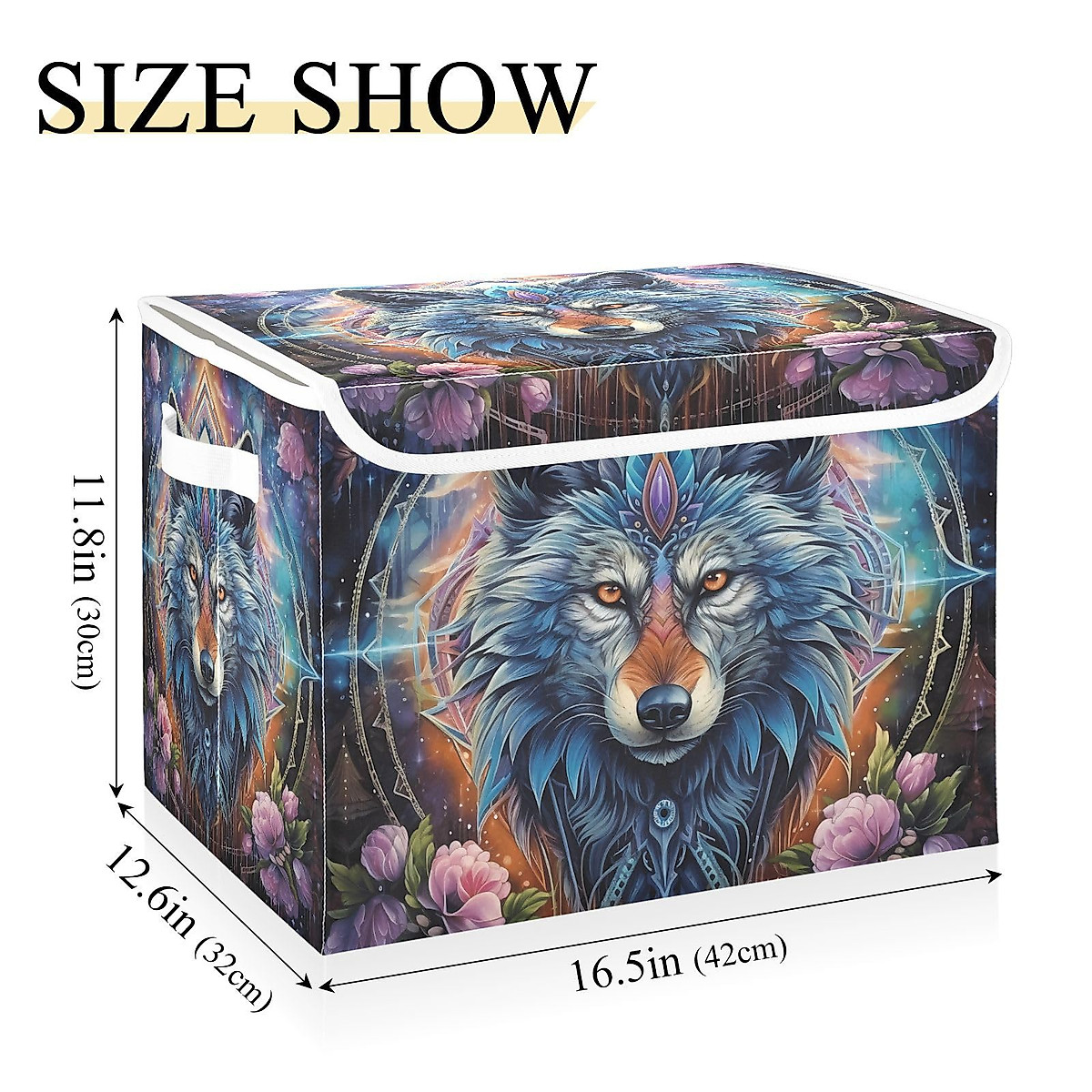 ZRWLUCKY Alchemy Occult Wolf Totem Storage Bins with Lids and Handle Collapsible Decorative Storage Box for Playroom, Office, Kids, Boys, Girls, Adults, Puppies