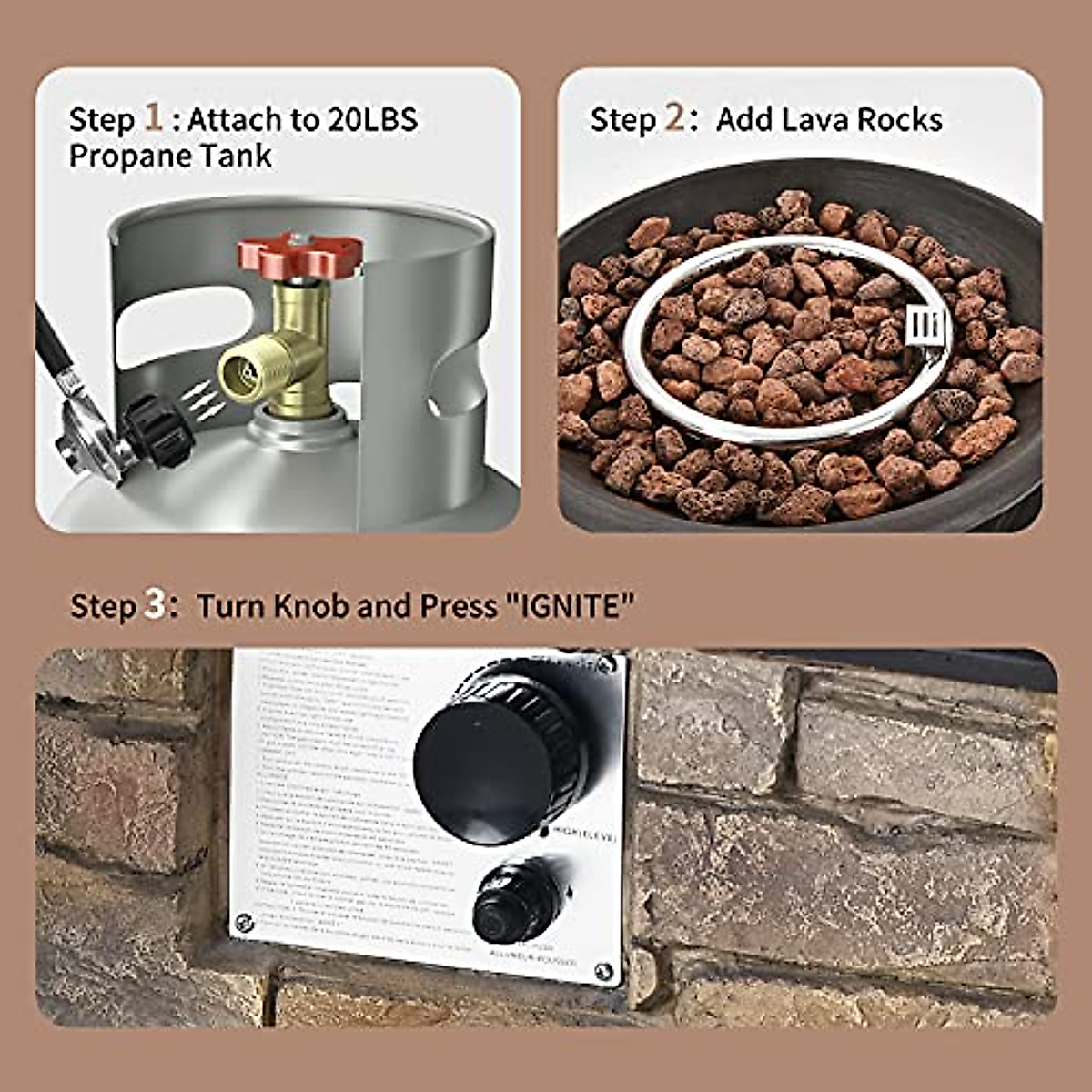 ORALNER Propane Fire Pit, Fire Column 40,000 BTU Outdoor Fire Bowl w/Rain Cover & Lava Rocks Auto Ignition Metal Patio Fireplace Gas Firepit for Outside Patio Courtyard Porch Deck Pool (Brown)