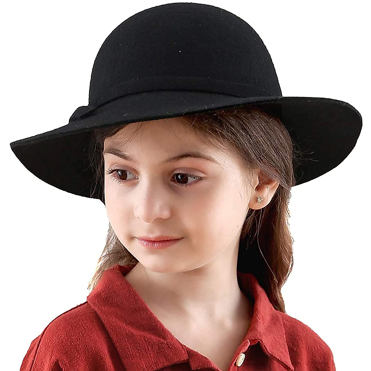 Wide-Brim Kids Girls Floppy-Hat Vintage Fedora Hats for Girl Boho Felt Bowler-Cap 3 to 8 Years (3-8 Years, Black)