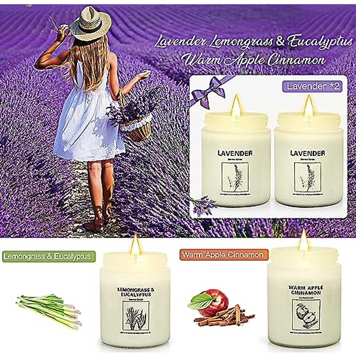 Candles for Home Scented, 4 Pack Scented Candles Gifts for Women 28 oz 200 Hour Long Lasting Natural Soy Candles, Lavender, Lemongrass & Eucalyptus, Apple Cinnamon 3 scents