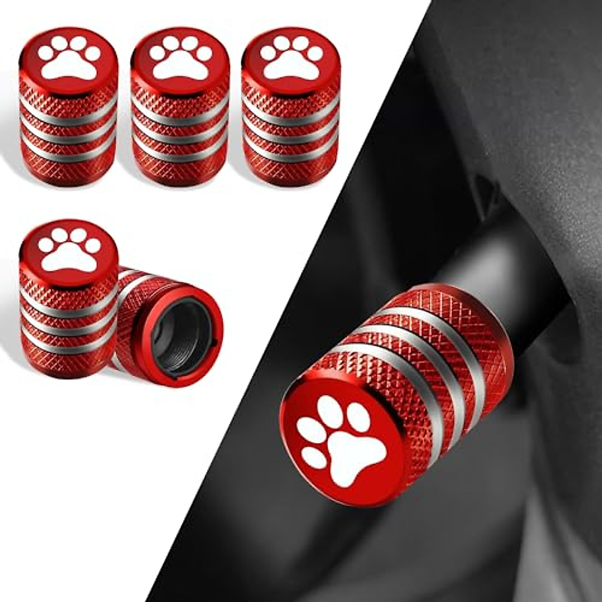 Crynod 5 PCS Car Valve Cap, 0.43" x 0.62" Cute Dog Paw Alloy Tubeless Screw-on Valve Cover, Suitable for Most Models (Red)