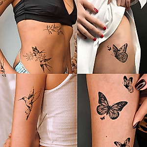 Tazimi 6 sheets large Black Butterfly Temporary Tattoos for Women-flowers butterflies Hummingbird swallow Rose Temporary Tattoos Waterproof Long Lasting Tattoos Stickers Sexy Fake Tattoo for Adults