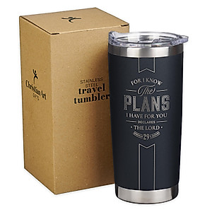 Christian Art Gifts Large Stainless Steel Inspirational Travel Tumbler for Men & Women: Know the Plans Encouraging Bible Verse, Engraved Double Wall Vacuum Insulated, Lid, 24hr Hot/Cold, Black, 18 oz.