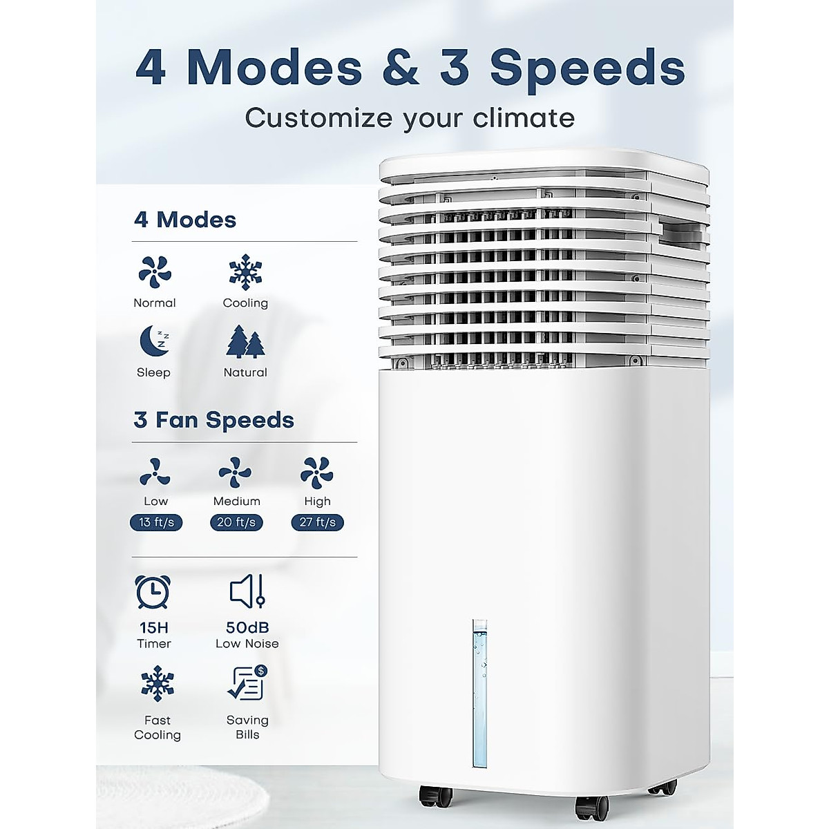 CENSTECH 4-IN-1 Portable Air Conditioners, Evaporative Air Cooler w/4 Modes & 3 Speeds, 15H Timer for Smart Auto-off, 2-Gal Tank for 20H Cooling,17FT Remote,No Hose Needed,120°Oscillating Swamp Cooler