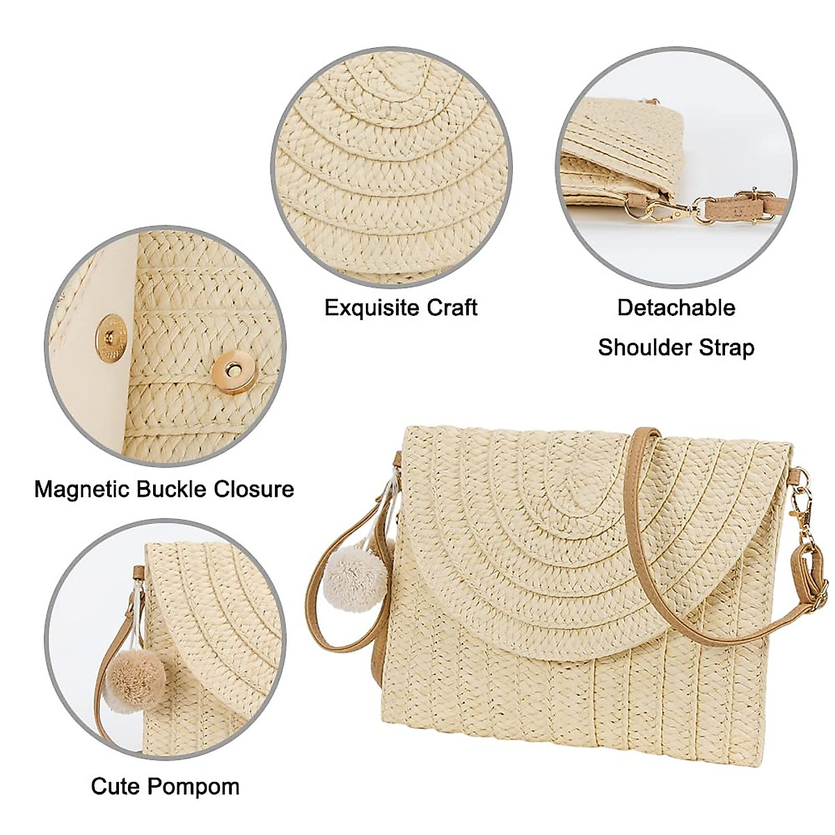 Straw Shoulder Bag Straw Clutch Straw Crossbody Bag Handmade Straw Beach Bag for Women Envelope Purse Wallet with Hand-woven Pompom (Creamy White)