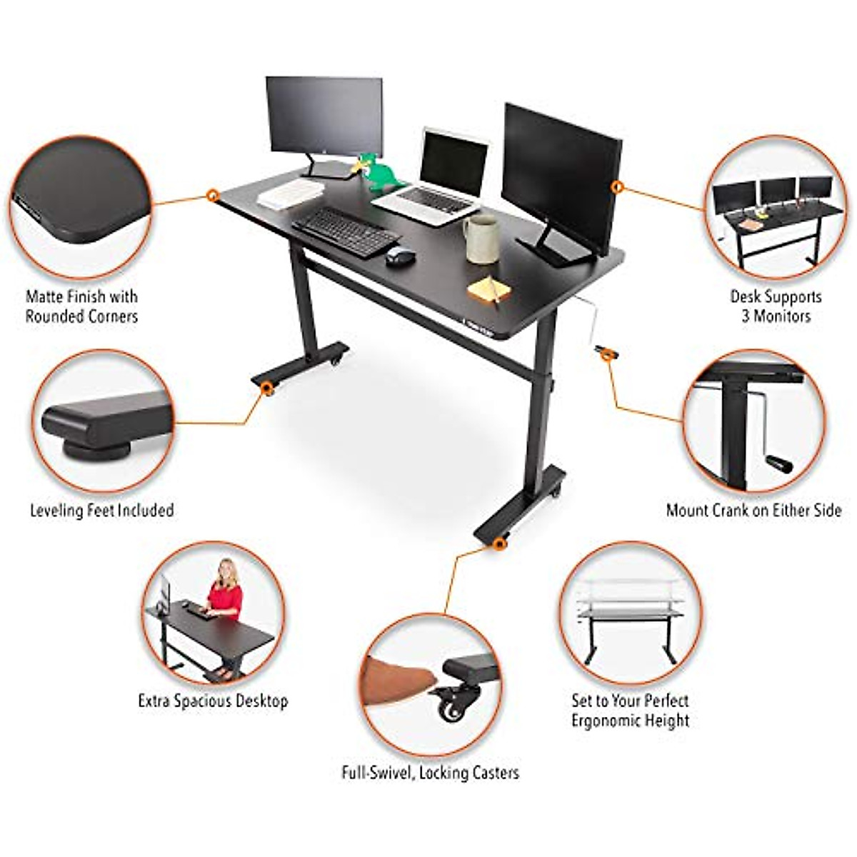 Stand Steady Tranzendesk | 55 Inch Standing Desk with Attachable Wheels| Easy Crank Height Adjustable Sit to Stand Workstation | Modern Ergonomic Desk Supports 3 Monitors (55 / Black)