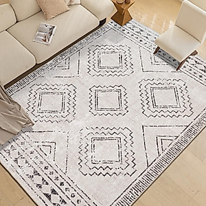 ILANGO Area Rugs 5x7, Moroccan Grey Rugs for Living Room Machine Washable Area Rugs Dedroom with Rubber Backing Non Slip Carpet for Farmhouse Dining Room, Ultra-Thin, Foldable, Easy Clean