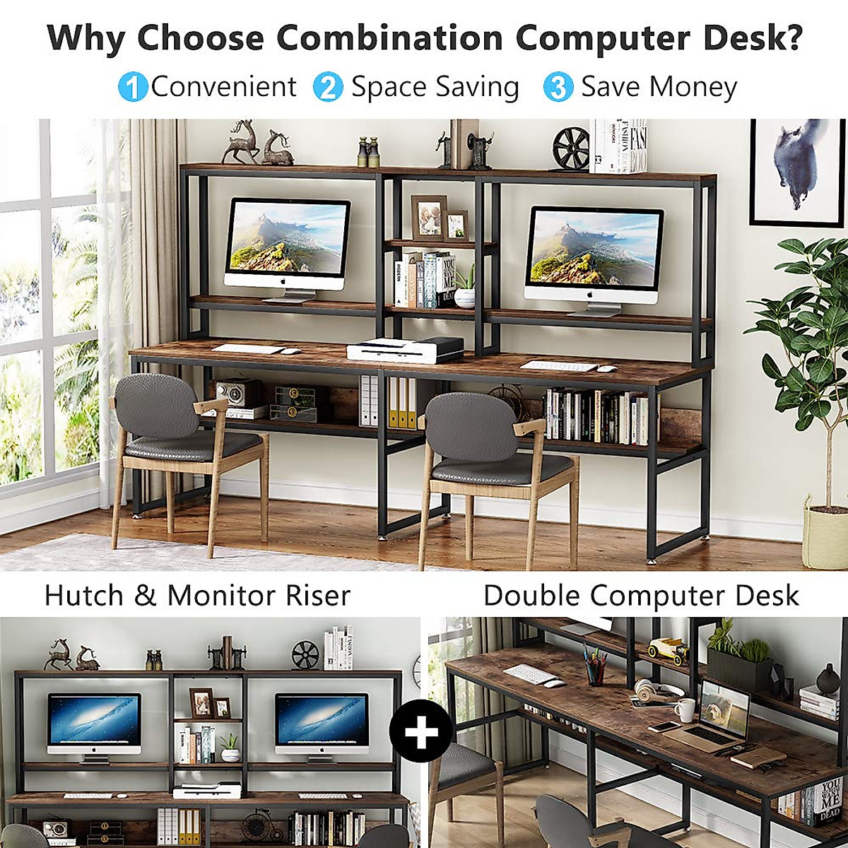 Tribesigns 94.5 inch Two Person Desk with Hutch, Double Workstation Computer Desk with Storage Shelves, Large Industrial Office Desk Study Writing Table with Bookshelf for Home Office, Rustic Brown