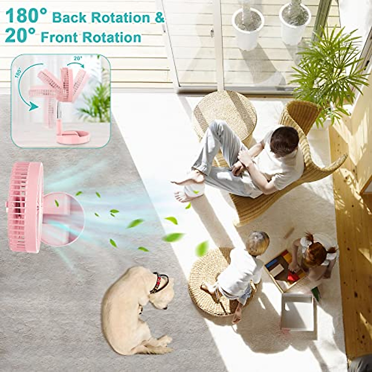 Flodaway Fan Rechargeable, Fold Away Fans Collapsible Portable Fan Pink for Traveling Foldable Compact Fan, Desk and Floor Fan 7200mAh Portable Folding Fan Battery Operated Adjustable 14.5-40"