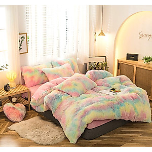 MorroMorn 5 PCS Shaggy Duvet Cover Bedding Set - Fluffy Comforter Cover Long Faux Fur Luxury Ultra Soft Cozy (Rainbow, Full/Queen)
