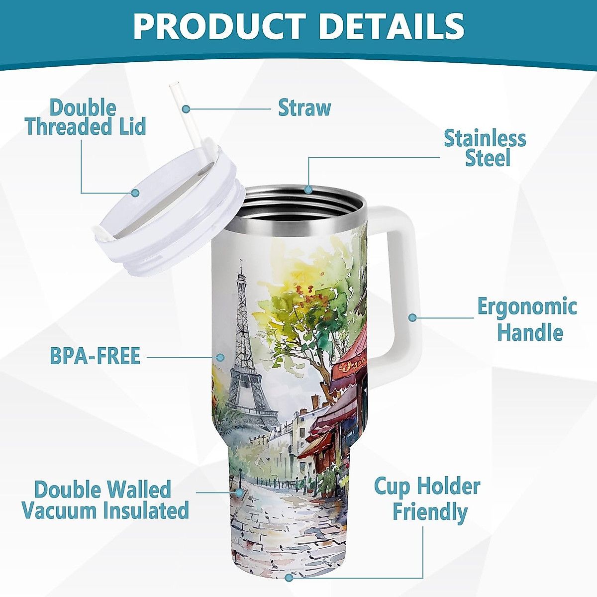 ODAWA Eiffel Tower Florist Cafe 30 Oz Travel Tumbler with Lid and Straw Travel Coffee Mug