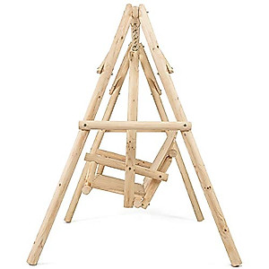 Tangkula Wooden Porch Swing, A-Frame Wood Log Swing Bench Chair, Outdoor Rustic Curved Back Swing Chair for Patio Garden Yard