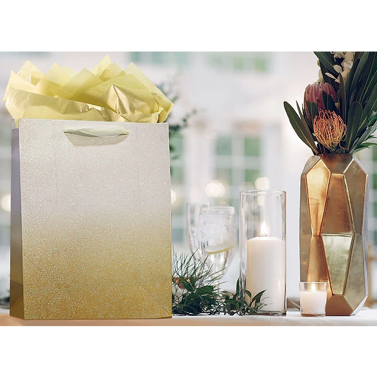 UNIQOOO 12Pcs Ombre Gold Gift Bags with Handle, Large 12.5x10'', Gradient Gold Glitter Paper Gift Wrap Bag, Recyclable Gift Packaging, For Wedding Birthday, Mother's Day, Baby Shower Party Favor Decor