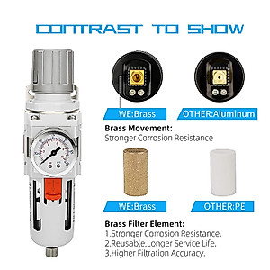 NANPU 3/8" NPT Compressed Air Filter Regulator Combo Piggyback, Auto Drain, 5 Micron Brass Element, Poly Bowl, Metal Bracket, 0-150 psi Gauge