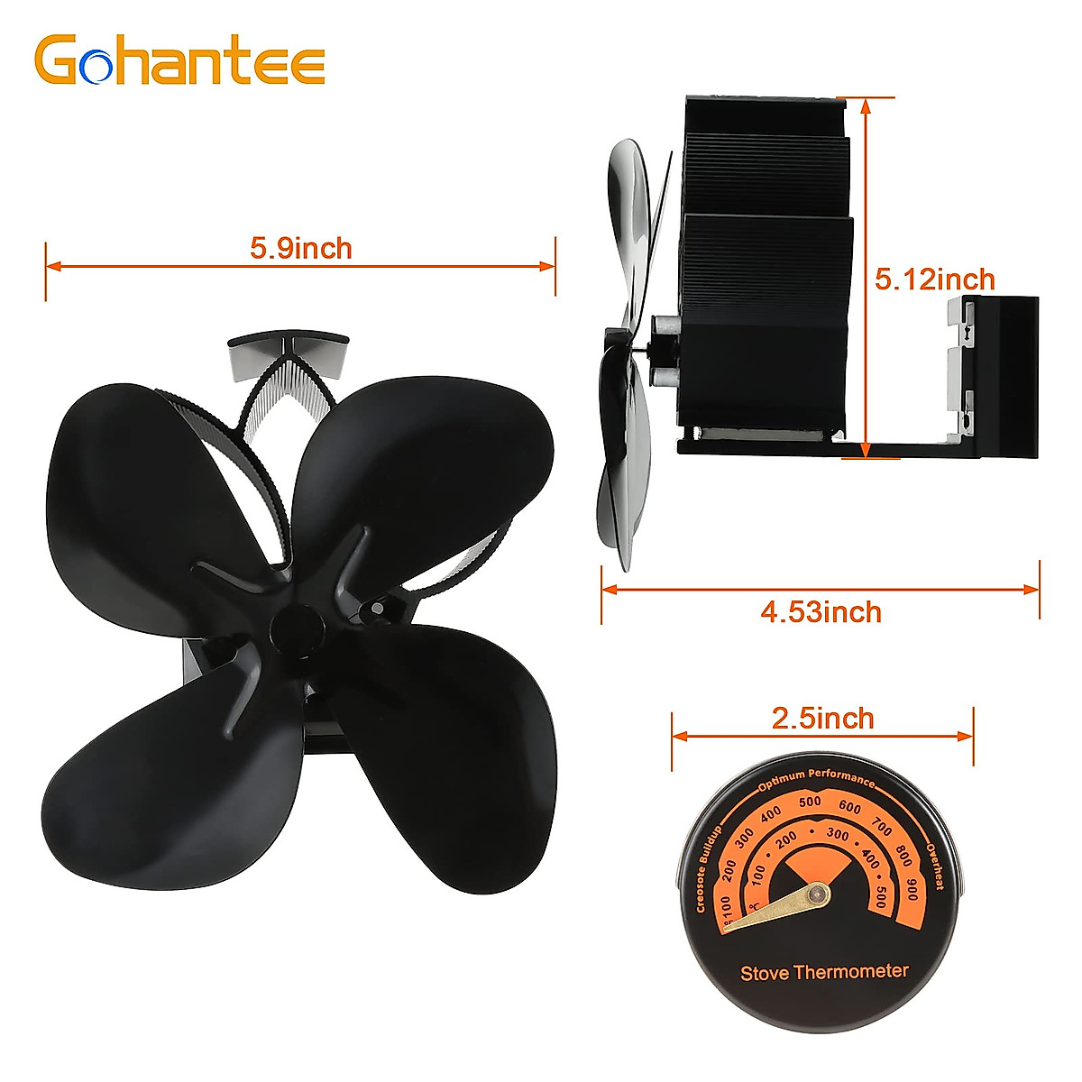gohantee Heat Powered Stove Fan 4 Blades, Flue Pipe Hanging Fireplace Fan for Wood Logs Burners Fireplace Eco Friendly Efficiently Wood Stove Pipe Fan with Thermometer