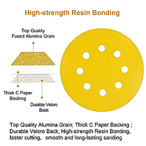 60 Pcs 5 Inch Sanding Discs, 8 Hole 180 Grit Hook and Loop Gold Sanding Discs, 5“ Round Sandpaper for Random Orbital Sander