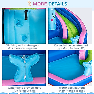 Outsunny 5-in-1 Inflatable Water Slide, Narwhal Theme Bounce House with Climbing Wall, Water Cannon, Water Pool, Trampoline, Repair Patch and 450W Air Blower