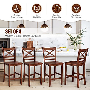COSTWAY Bar Stools Set of 4, 25'' Antique Kitchen Counter Height Chairs with Wooden X-shaped Backrest & Rubber Wood Legs, Suitable for Home, Cafe Store, Restaurant (4)