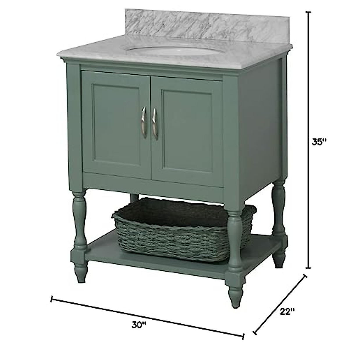 Beverly 30-inch Bathroom Vanity (Carrara/Sage Green): Includes Sage Green Cabinet with Authentic Italian Carrara Marble Countertop and White Ceramic Sink