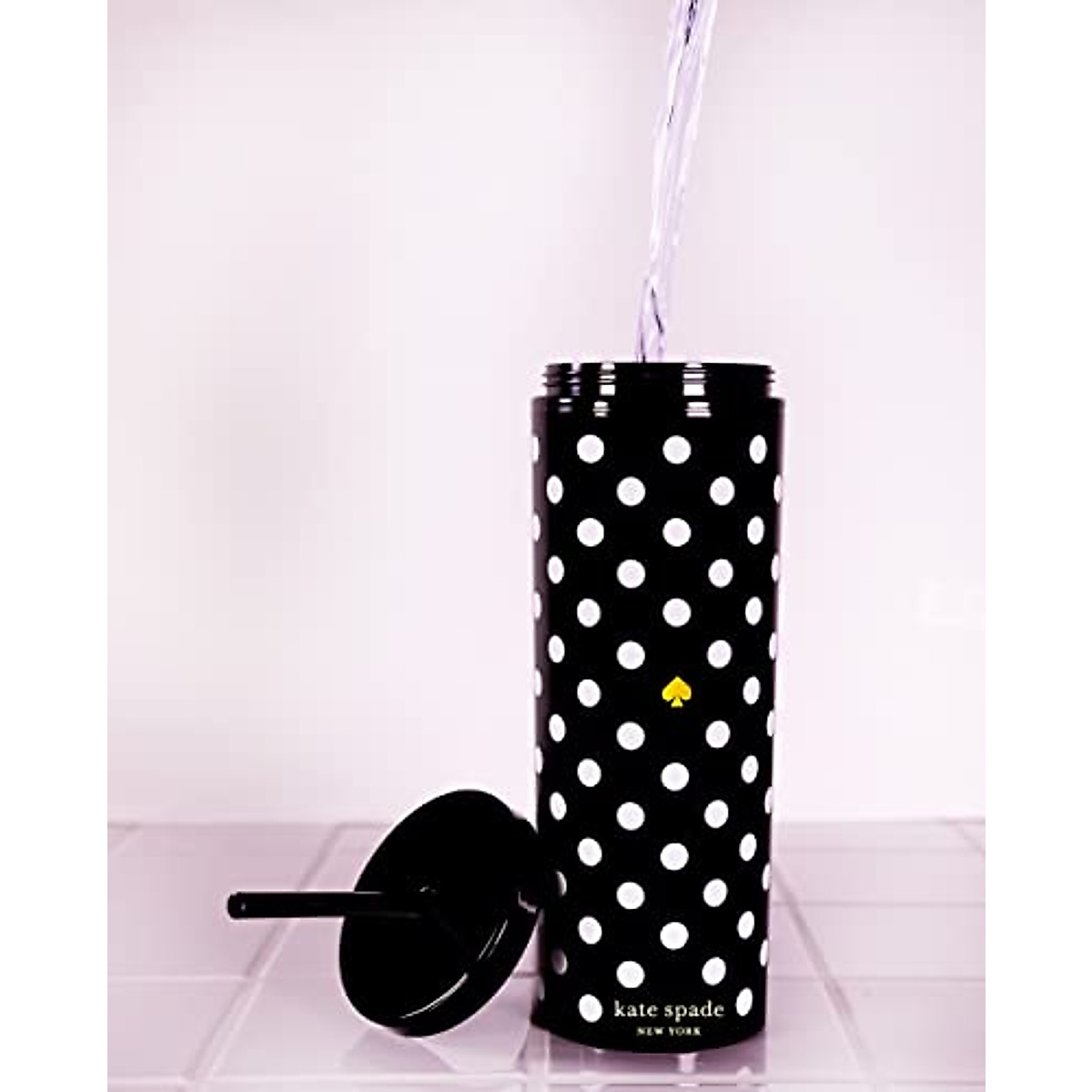 Kate Spade New York Insulated Tumbler with Reusable Straw, Black 20 Ounce Acrylic Travel Cup with Lid, Polka Dots